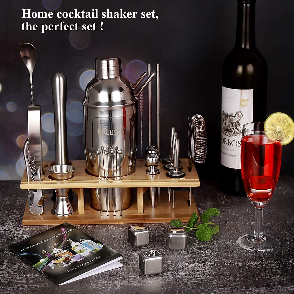 Bartender Kit, 26-Piece Stainless Steel Bartender Kit with Stylish Bamboo Stand Home Cocktail Shaker Set Bar Set with Bar Mixer Best Bar Kit for Beginners
