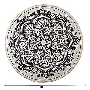 Jucoan 4Ft Round Cotton Area Rug, Chic Decorative Boho Mandala Circle Rug with Tassels, Washable Indoor Floor Throw Area Rug for Living Room, Kid Playroom, Nursery Room