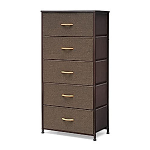 JOINHOM Dresser Storage Tower with 5 Drawers, Fabric Tall Dresser Drawer for Bedroom, Office, Entryway, Living Room and Closet - Sturdy Steel Frame, Easy Pull Bins & Wooden Top