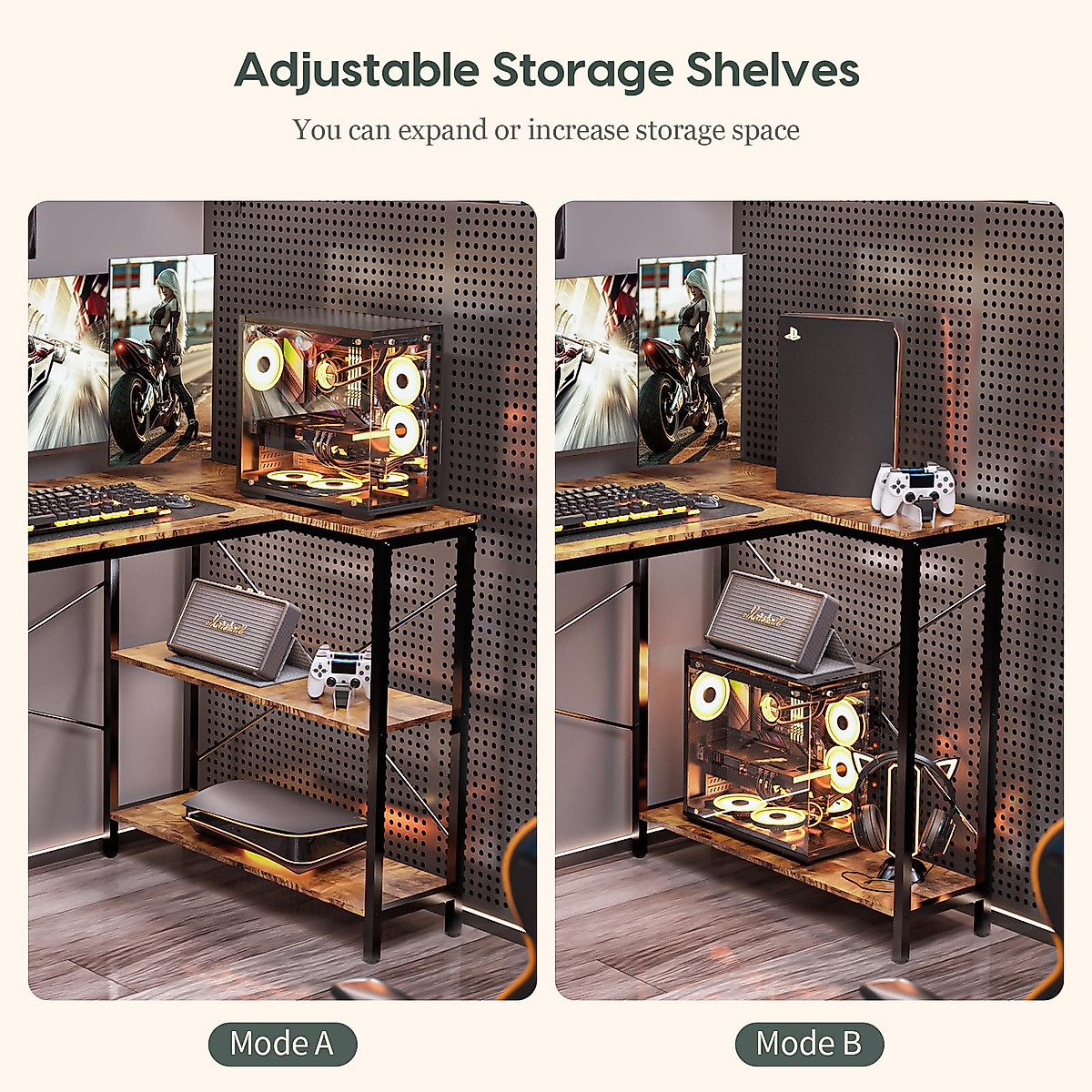 WASAGUN Small Computer Desk,35 Inch L Shaped Desk with Storage Shelves,Gaming Desk,Home Office Corner Reversible Pc Desk,Study Writing Table,Brown