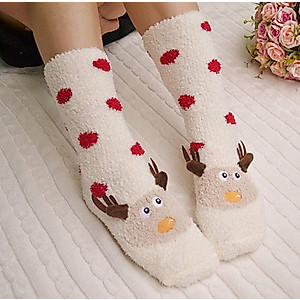 Loritta 5 Pairs Womens Fuzzy Socks Winter Warm Cozy Fluffy Super Soft Slipper Socks,D3-Christmas Animals