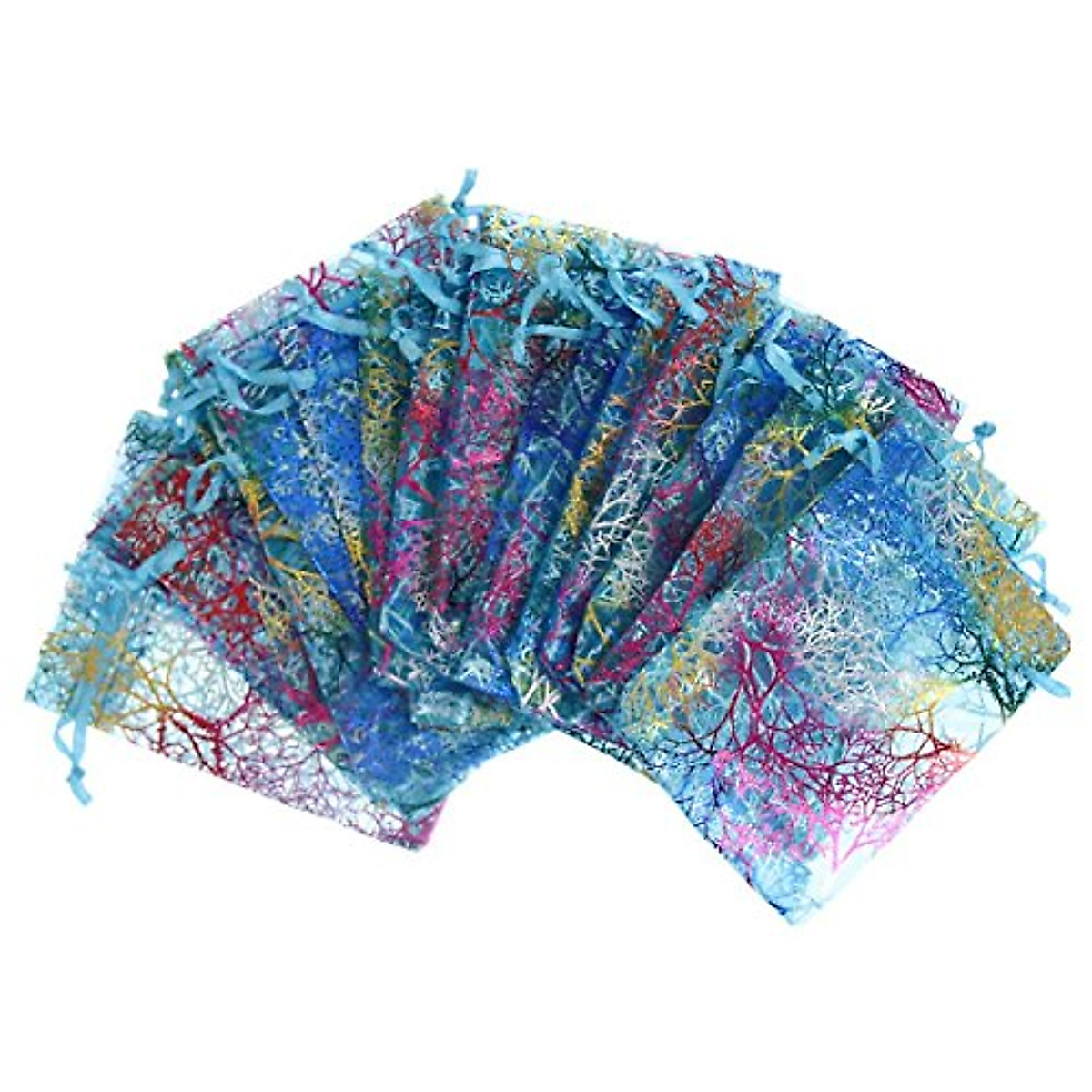 SumDirect 100Pcs Blue Organza Drawstring Bags Jewelry Pouches, Coralline Pattern Candy Chocolate Party Christmas Wedding Favor Gift Bags,3.5x4.7inches