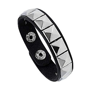 Eigso 2Pcs Black Leather Bracelet for Men Women Adjustable Hematite Punk Spike Metal Cuff Bangle
