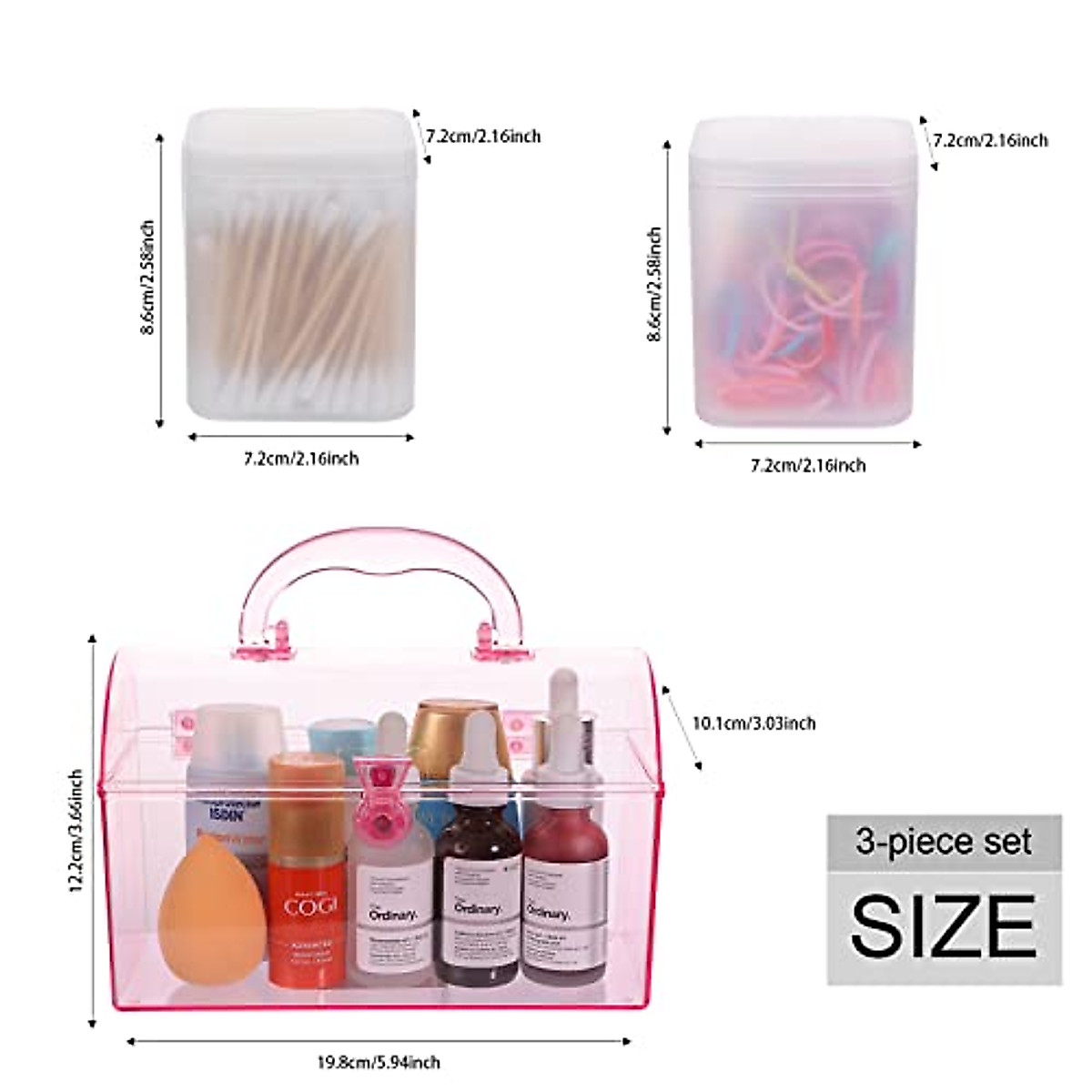 Plastic Square Storage Bin-Cabinet,Gift Box Portable Vanity Organizer with Secure Lid and Handle, Clear Container Box for Toiletries (1 Red Box + 2 Smaill Boxs)
