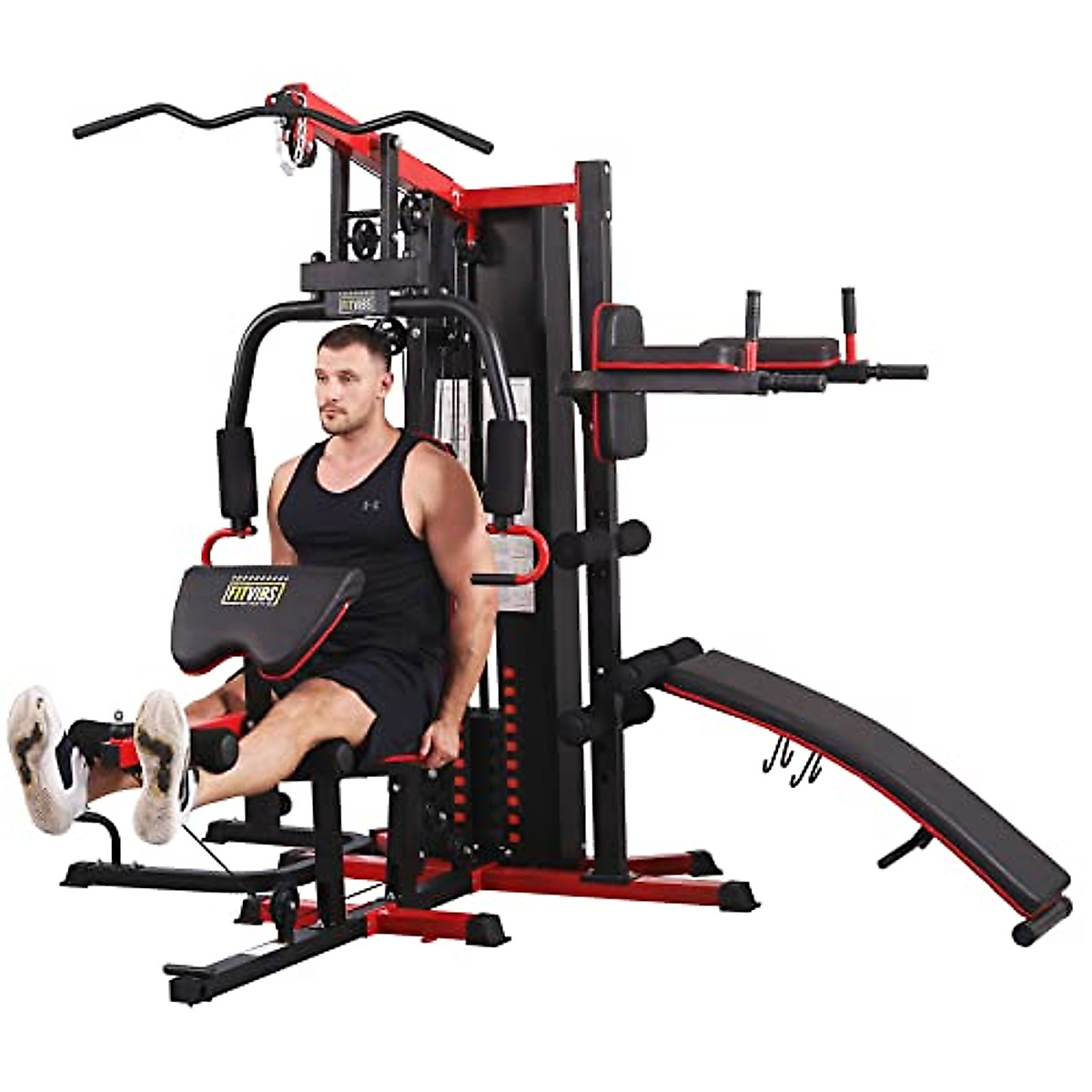 BalanceFrom Multifunctional Home Gym System Workout Station with Leg Extension, Preacher Curl, Pushup, Dip and Situp Stand, 122.5LB Weight Stack, Model 900