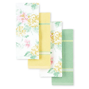 MARTHA STEWART Amber Floral Kitchen Towel Set 4-Pack, Pink/Yellow, 16"x28"