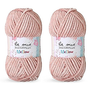 2 Skein La Mia Mellow Velvet Chenille Yarn for Knitting and Crocheting Baby Clothes, Blankets and Accessories, 100% Polyester, 100 gr (3.5 oz) / 115 m (125 Yards), Super Bulky, Powder Pink - 924