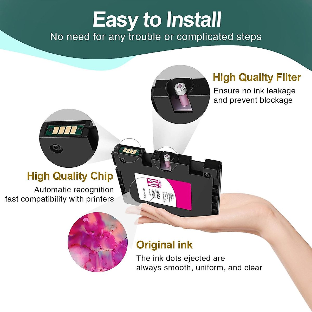 INK+ SG400 SG800 Sublimation Cartridge Compatible with Sawgrass Virtuoso SG400 SG800 Printer DIY, Latest Upgraded Chip (1 Black, 1 Cyan, 1 Magenta, 1 Yellow, 4 Pack)