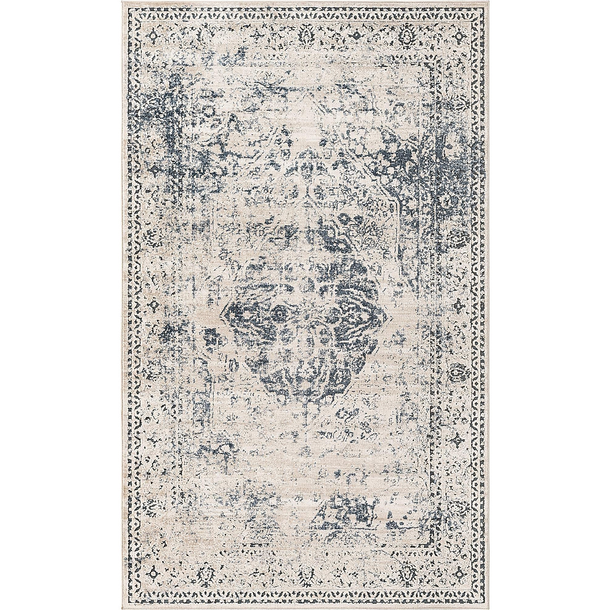 Unique Loom Chateau Collection High-Low Pile, Vintage, Traditional, Distressed, Medallion Area Rug (5' 0 x 8' 0 Rectangular, Beige/Navy Blue)
