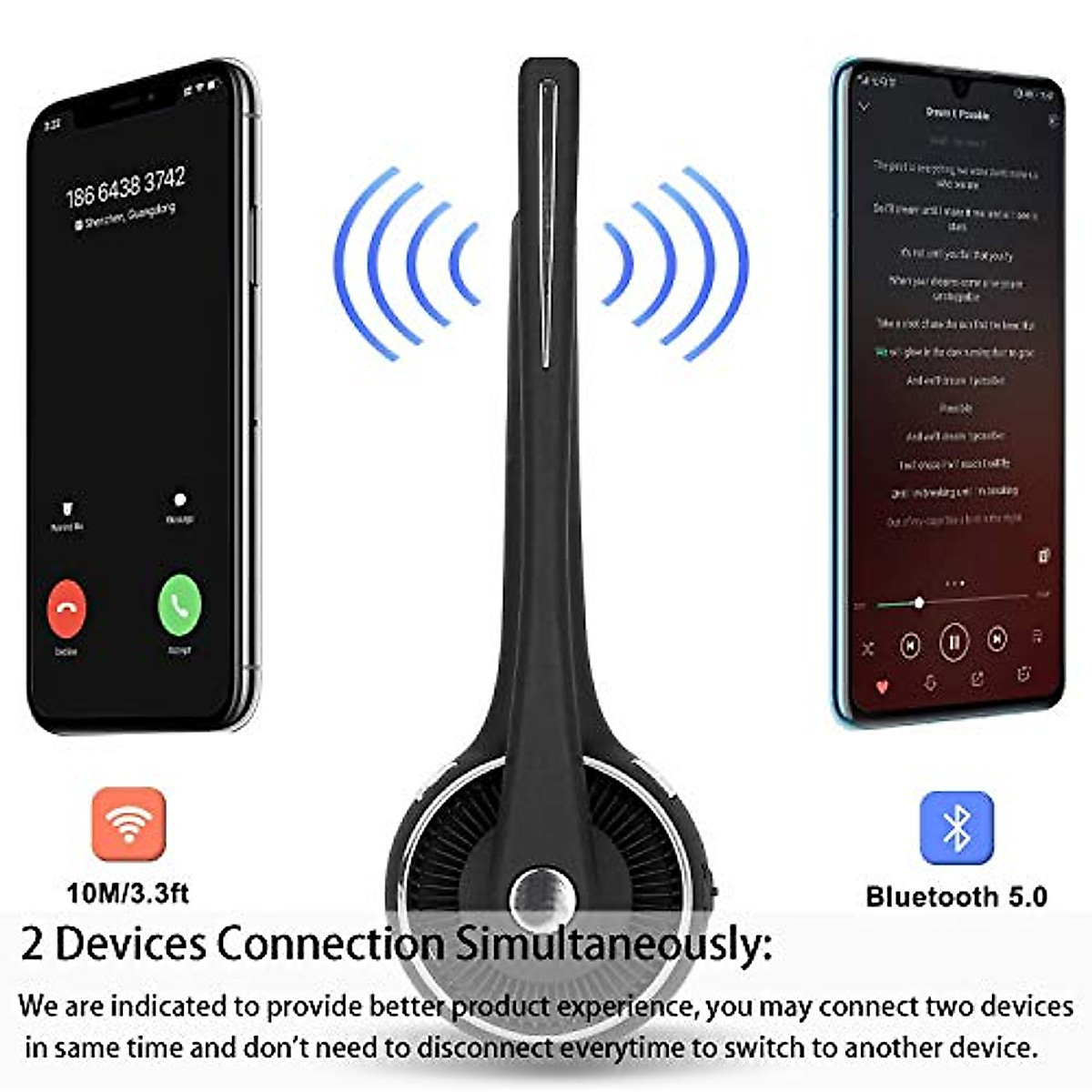 Office Headset with Mic,Wireless Bluetooth Headphone,Noise Cancelling Trucker Bluetooth Headset,Handsfree Headset with Charging Dock for Call Center,Home,Smartphones,PC
