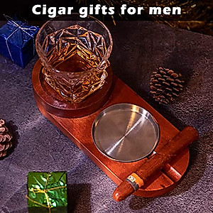 Cigar Ashtray Coaster Whiskey Glass Tray and Cigar Holder, Wooden Ash Tray, Slot to Hold Cigar, Cigar Rest, Cigar Accessories Set Gift for Men Dad, Great Decor for Home,Office or Bar