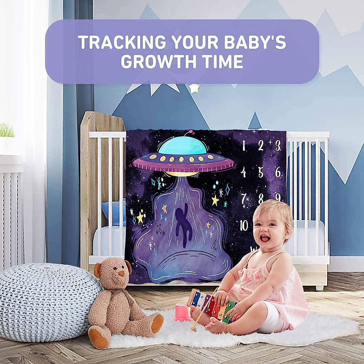 PHMOJEN Baby Monthly Milestone Blanket Fun Alien Spaceship Turquoise UFO Flying Saucer Age Blanket, Newborns 1 to 12 Months Unisex Include 4 Frames and 1 Headband 48"x40" BTLSPH729