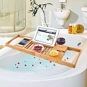 HANKEY Bamboo Bathtub Caddy Tray (Extendable) Luxury Spa Organizer with Folding Sides | Natural, Ecofriendly Wood | Integrated Tablet, Smartphone, Wine, Book Holders