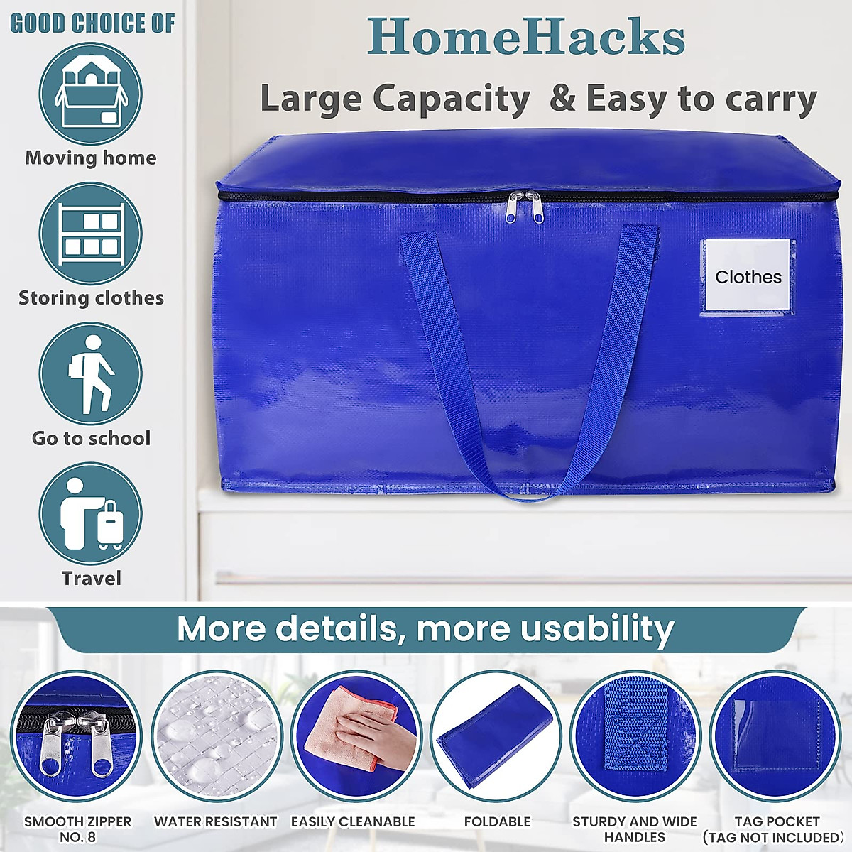 HomeHacks Moving Bags, 8-Pack Heavy Duty with Strong Zippers and Handles Collapsible Moving Supplies, Storage Totes for Packing & Moving Storing 93L (Blue)