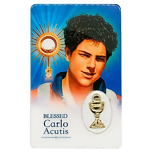Blessed Carlo Acutis Laminated Plastic Holy Card with Built in Chalice Charm | Prayer on Back | Patron of the Internet | Great Catholic Gift for First Holy Communion | Made in Canada