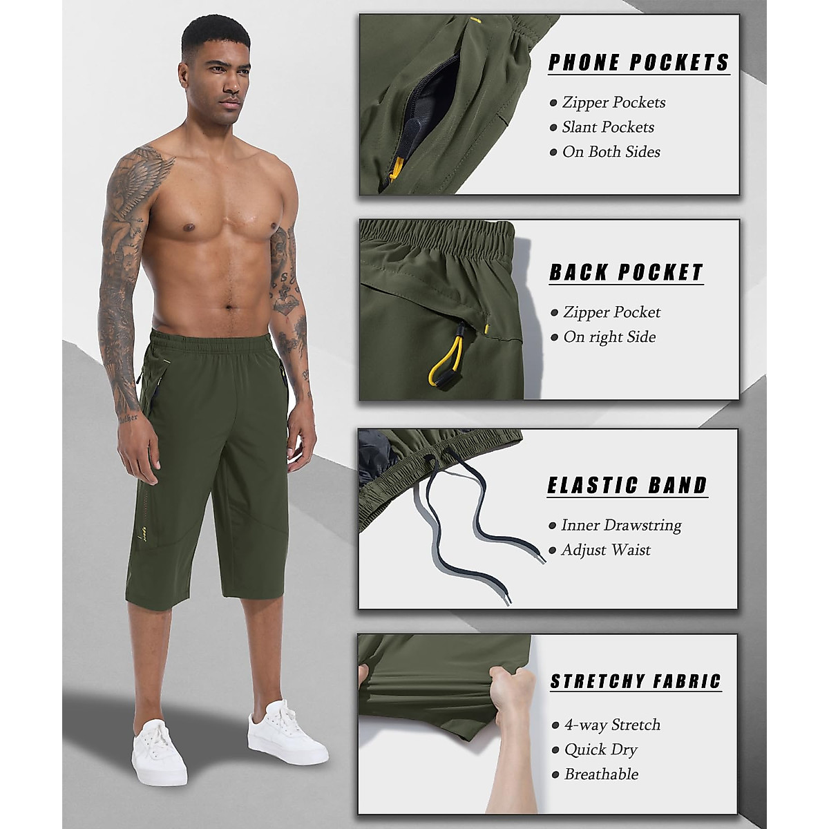 MAGCOMSEN Mens 3/4 Capri Pants Outdoor Quick Dry Knee Length Gym Drawstring Training Workout Running Shorts Army Green, 40