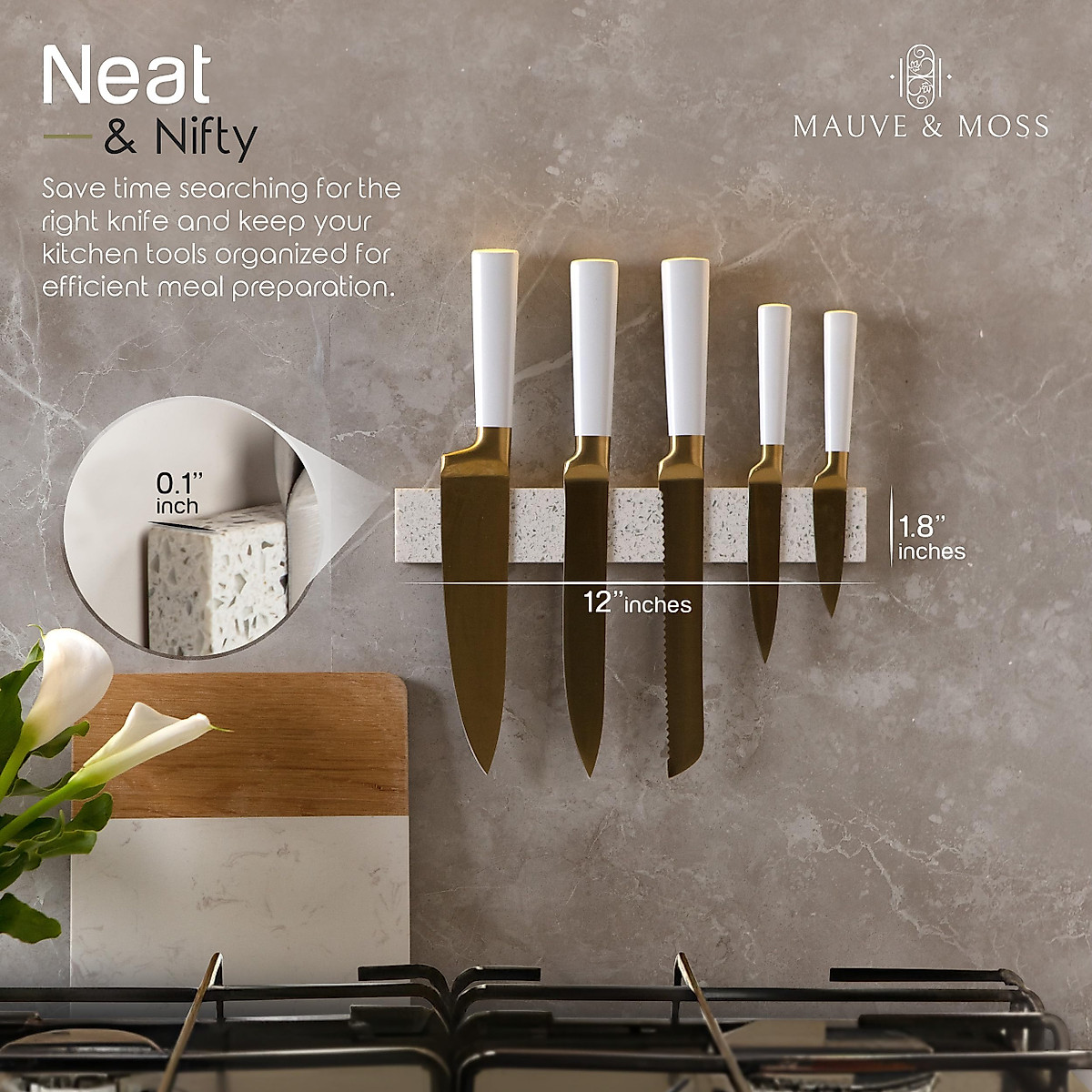 Mauve&Moss Magnetic Knife Holder for Wall 12 inches, White Quartz Stone Knife Magnetic Strip for Kitchen Countertop, Magnetic Utensils Holder for Wall, 3M Adhesive or Screws Included