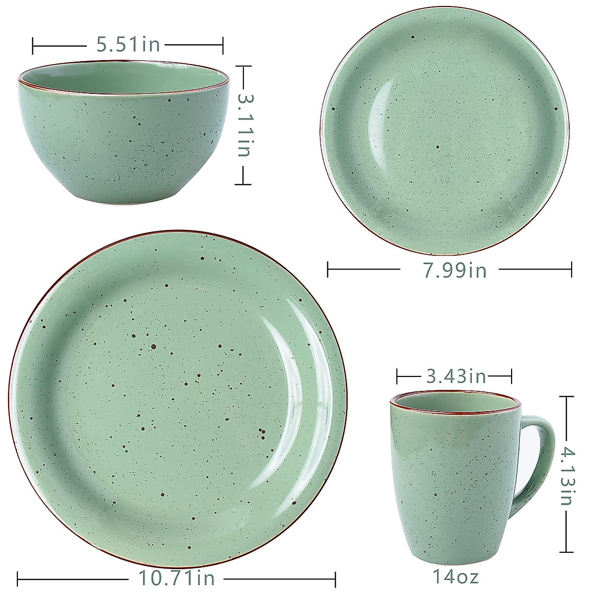 Sinouso 16 Piece Stoneware Dinnerware Set, Dinnerware Set for 4, Plates and Bowls Sets, Plates, Bowls, Cups, Microwave Dishwasher Safe, Service for 4 (Green Dot)