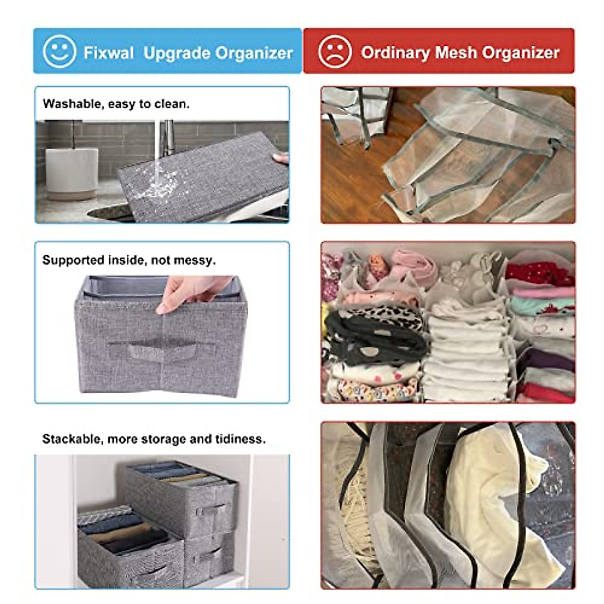 Fixwal 4pcs Wardrobe Clothes Organizer Foldable Jean Organizer for Drawer Washable Compartment Closet Organizers and Storage Bins for Clothes Jeans Pants Sweaters 5 Grids Gray