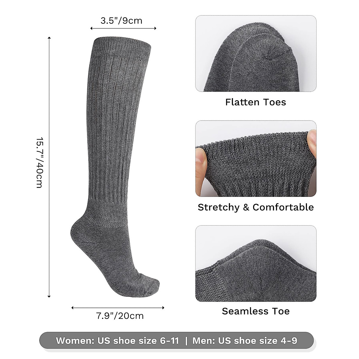 JOCMIC Slouch Socks for Women, Extra Long Women Scrunch Socks, White Stacked Socks Size 6-11 Grey