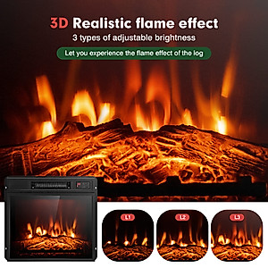 SIMOE 18 Inch Electric Fireplace Inserts, 1400W Wall-recessed & Freestanding Fireplace Heater with 3 3D Flame Brightness & Thermostat, 0-6H Timer, Remote Control & Button Control