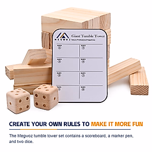 Megwoz Giant Tumble Tower, Stacking Backyard Game Stacking from 2Ft to Over 4.2Ft with 2 Dices|Scoreboard| Carrying Bag, Wooden Block Indoor Outdoor Game for Kids Adult Family- 57 Pieces