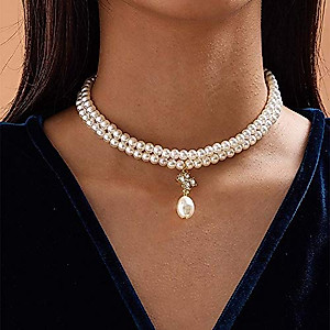 Octwine Dainty Boho Simple Chunky Rhinestones Pearls Short Cross Choker Necklace Chain Multilayer Choker Pearls Cross Pendant Necklaces Prom Party for Women 2 Tier