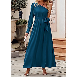 KIRUNDO Women's Satin Long Sleeve One Shoulder Maxi Dress Asymmetrical Tie Waist Slit Party Cocktail Long Formal Dresses(Dark Blue, X-Large)