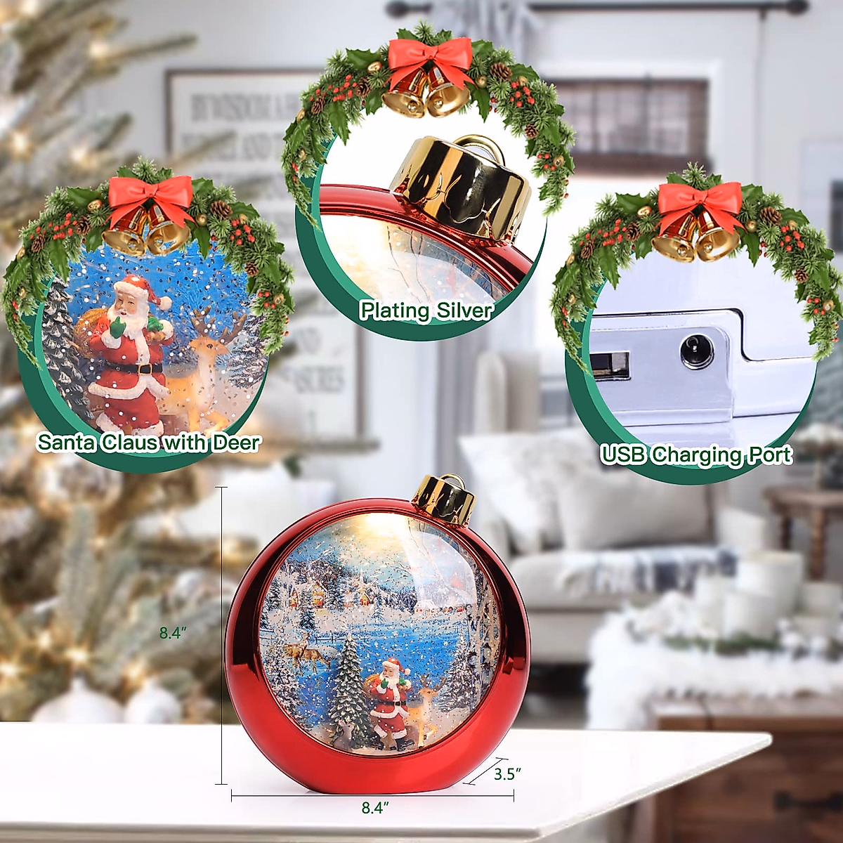 Christmas Snow Globe Lantern Red Snow Globes Musical Lantern 6H Timer Glitter Lantern Chritmas Battery Operated Snowglobe Santa Snow Globe Swirling Glitter Musical Snow Globe Lantern