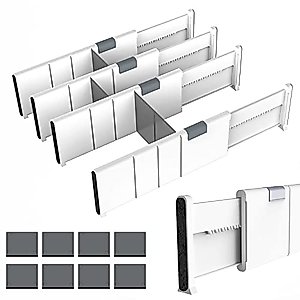 FEXIA 4 Pack Drawer Organizers for Clothing Drawer Dividers 4" High Expandable 11"-17" Adjustable Separators with 8 Inserts Locks in Place for Kitchen Dressers Bedroom Bathroom Home Office Storage