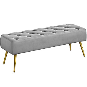 Yaheetech Modern Ottoman Bench Velvet Bench Upholstered Footrest with Gold Metal Legs and Padded Seat Gray