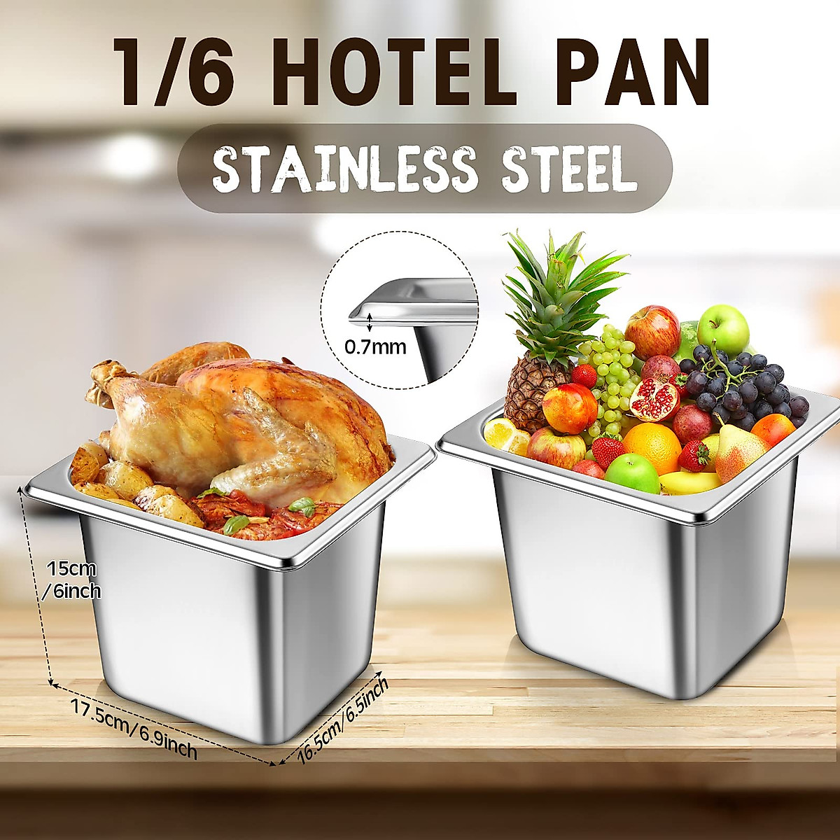 Baderke 4 Pack Stainless Steam Hotel Pans with Lids, 1/6 Sixth Size x 6 Inch Deep, 0.7 mm Thick 304 Stainless Steel Hotel Pan Anti Steam Table Pan for Food Warmer Cooking Heat