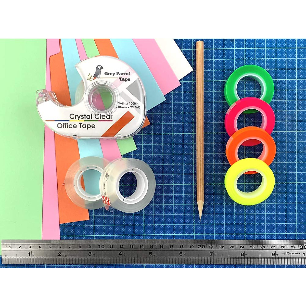 Greyparrot Office Tape Clear Refill Rolls + Dispenser(16 Pack),(3/4” X 1000in/pack). for Craft Jobs, Gift Wrapping, Office Work Clear(Transparent) Glossy Finish, Refillable (16000 inch/Total)