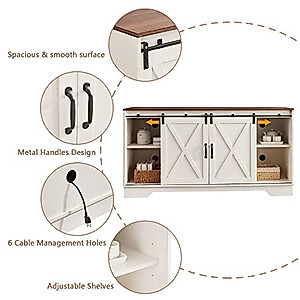 Fireplace TV Stand, Modern Entertainment Center with 23" Electric Fireplace Remote Control for TVs Up to 65", Farmhouse Console Table Barn Door Storage Cabinet for Living Room, Antique White&Rustic