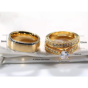 2 Rings His and Hers Couple Rings Bridal Sets Yellow Gold Plated Heart Cz Womens Wedding Ring Sets Tungsten carbide Man Wedding Bands