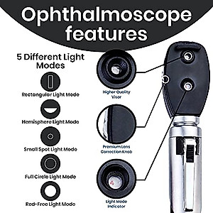 Zyrev Otoscope Ophthalmoscope Duplex Set - Multi-Function Otoscope/Opthalmoscope for Ear & Eye Examination - Includes Portable Tortoise Shell Case (Black)