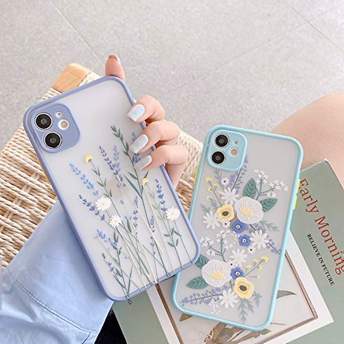 Ownest Compatible for iPhone 11 Case for Flower Clear Frosted PC Back Floral Girls Woman and Soft TPU Protective Silicone Slim Case for iPhone 11-Purple
