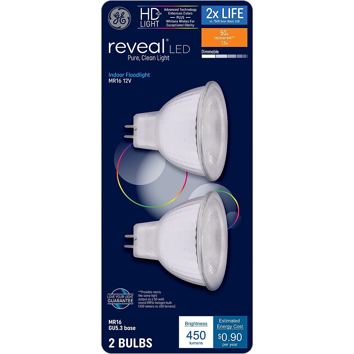 GE Reveal 2-Pack 50 W Equivalent Dimmable Color-Enhancing GU5.3 Mr16 LED Light Fixture Light Bulbs bi-pin Base 12V Light Fixture Light Bulbs