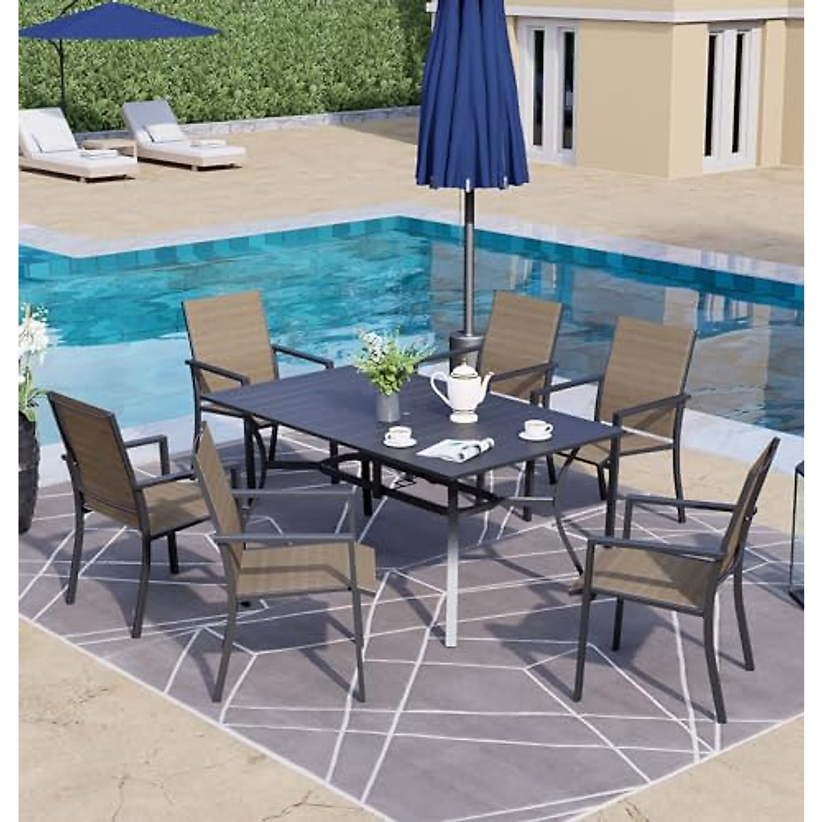 Anmutig 7 Pieces Outdoor Patio Dining Set for 6 Patio Dining Metal Chairs & 1 Rectangle Outdoor Dining Table with 1.57" Umbrella Hole for Backyard Bistro Outdoor Furniture Garden
