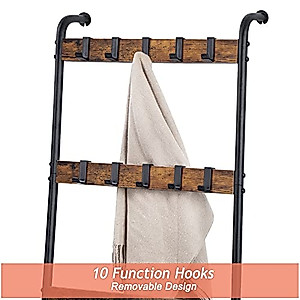 Ousheng Blanket Ladder, 5 Tier Blanket Holder with 10 Removable Hooks, Farmhouse Style Blanket Ladder for Living Room Bathroom, Decorative Wall Mounted Wooden Quilt Standing Towel Drying Storage Rack