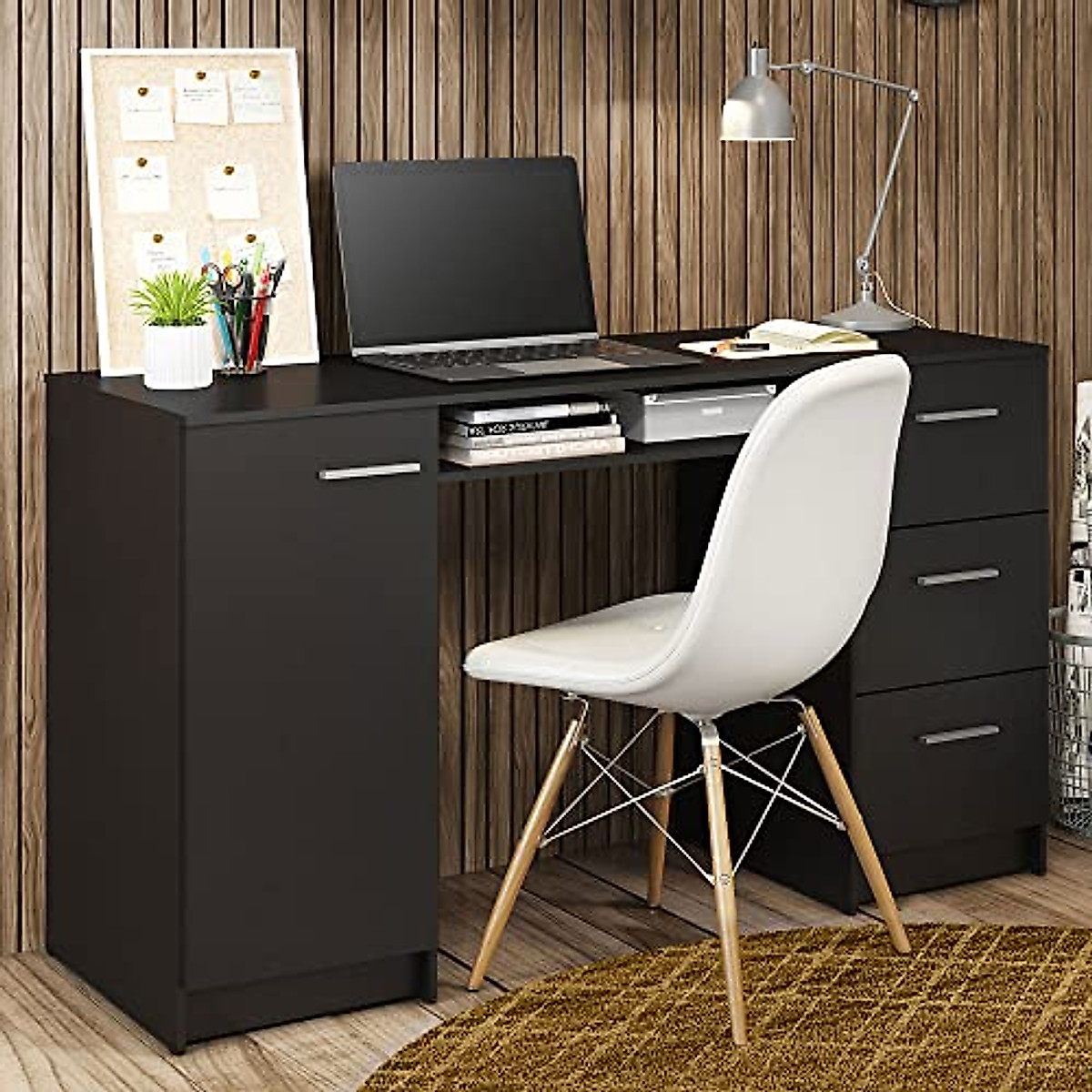 Madesa Home Office Computer Writing Desk with 3 Drawers, 1 Door and 1 Storage Shelf, Plenty of Space, Wood, 30” H x 18” D x 53” W - Black