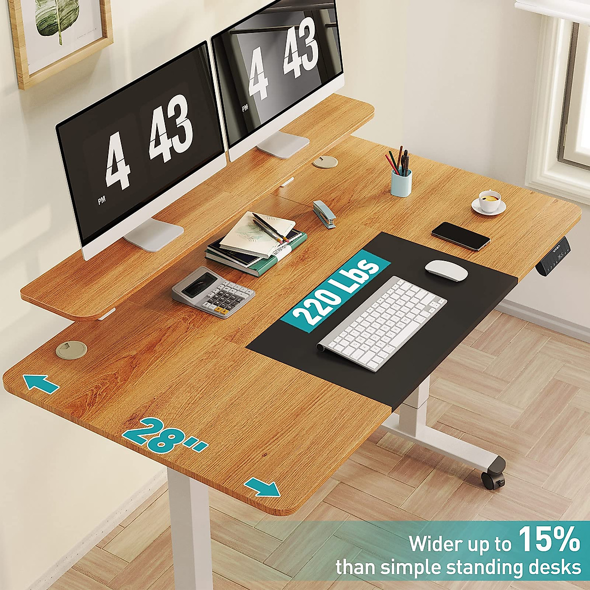 WOKA 55 x 28 Inch Dual Motor Electric Standing Desk, 2-Tier Height Adjustable Stand up Desk, Sit Stand Desk with Memory Controller, Adjustable Desks for Home Office, Motorized Desk with Splice Board