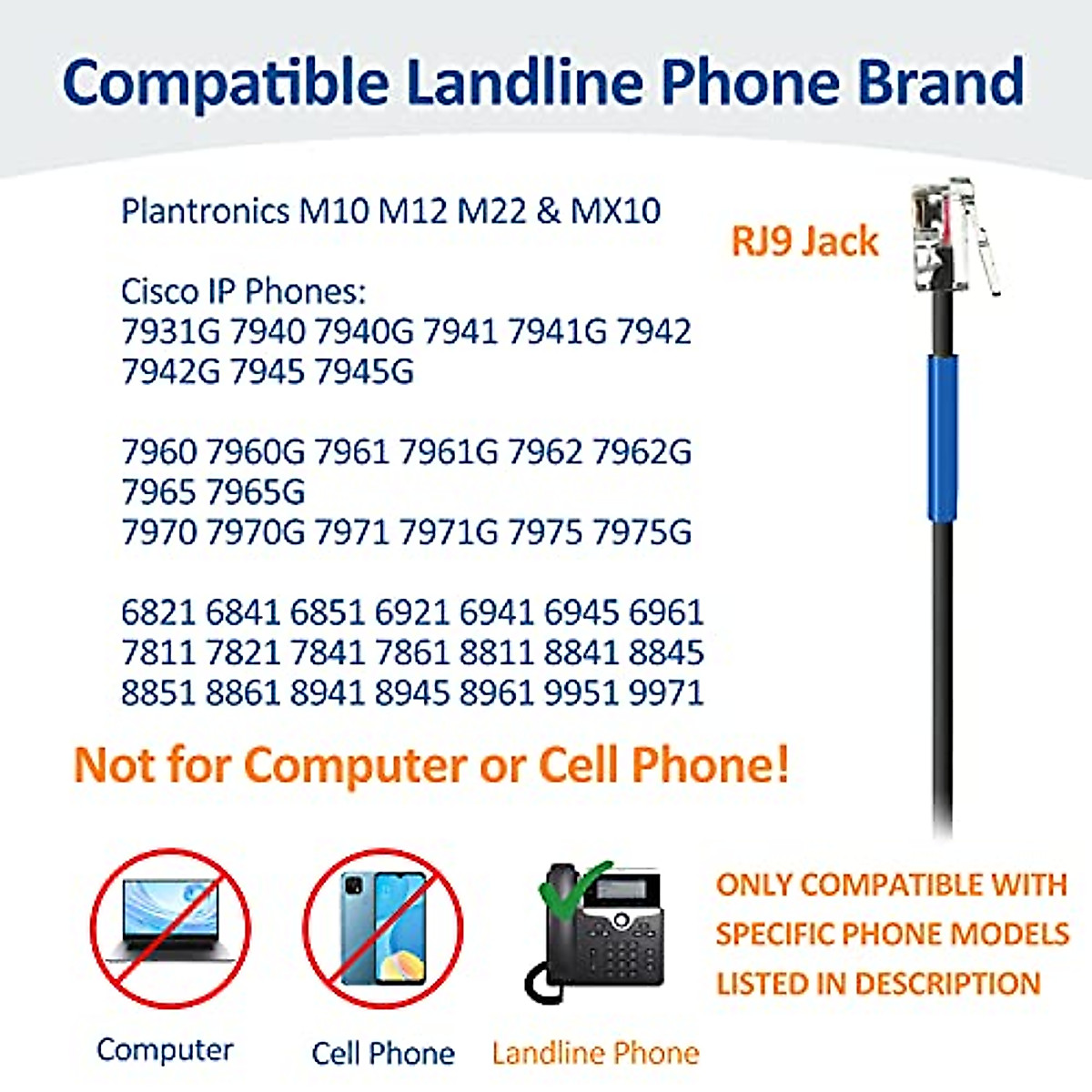 Wantek RJ9 Telephone Headset Mono with Noise Cancelling Mic, Quick Disconnect, Only for Plantronics M12 M22 MX10 Amplifiers or Cisco 7940 7942G 7945G 7960G 7975G 7821 7861 8841 8851 IP Phones(600QC1)
