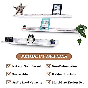 CRCHOM Picture Ledge Shelf 36" Wood Photo Shelves for Wall Mounted Long Floating Shelves with Lip Set of 3 Display Ledge Book Shelf for for Home Decor,Rustic White