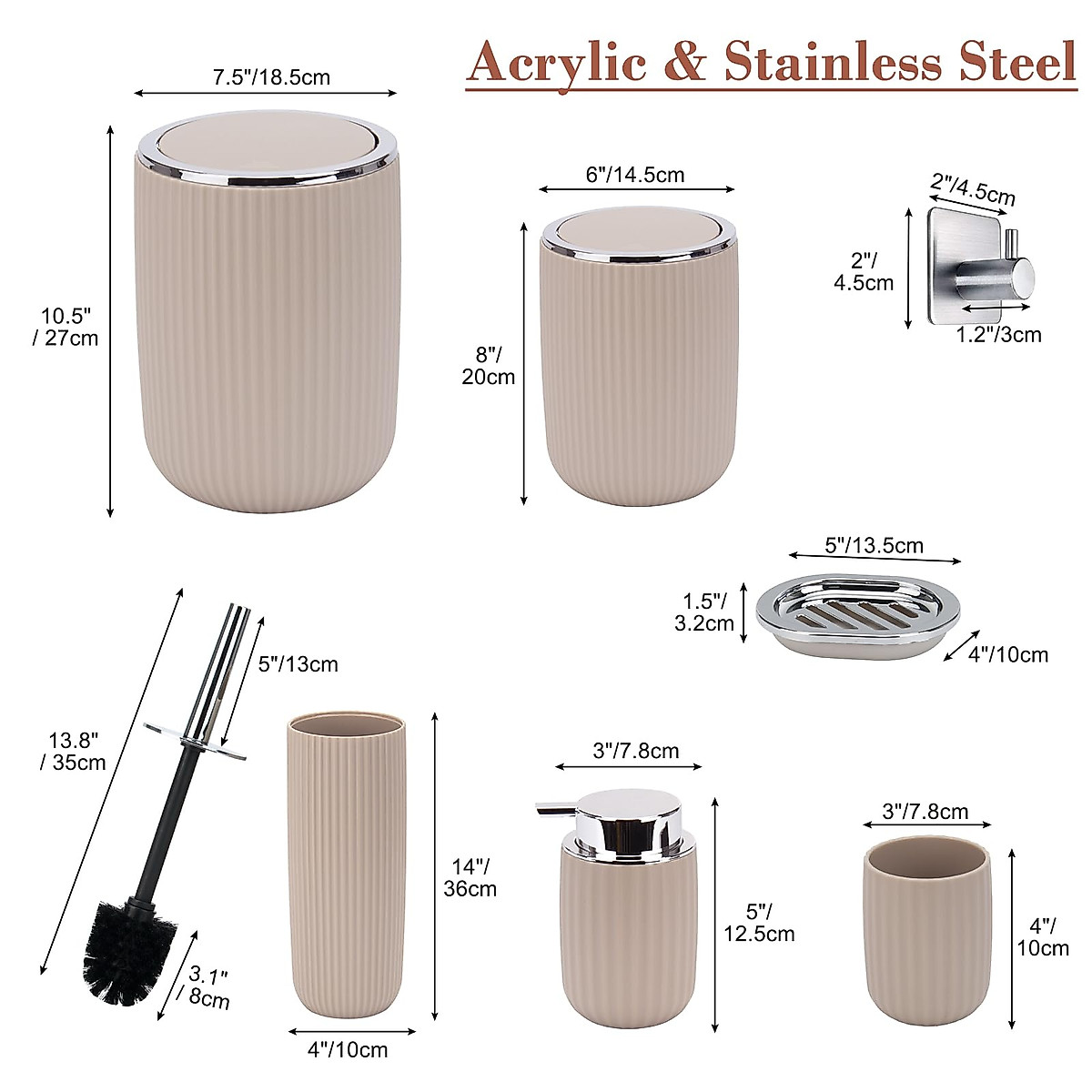 Boperzi Bathroom Accessory Set 8 PC: Bathroom Accessories Set with Trash Can, Lotion Dispenser, Soap Dish, Toothbrush Cup,Toilet Brush, Adhesive Hooks - Bathroom Decor Kit, Beige Bathroom Set Complete