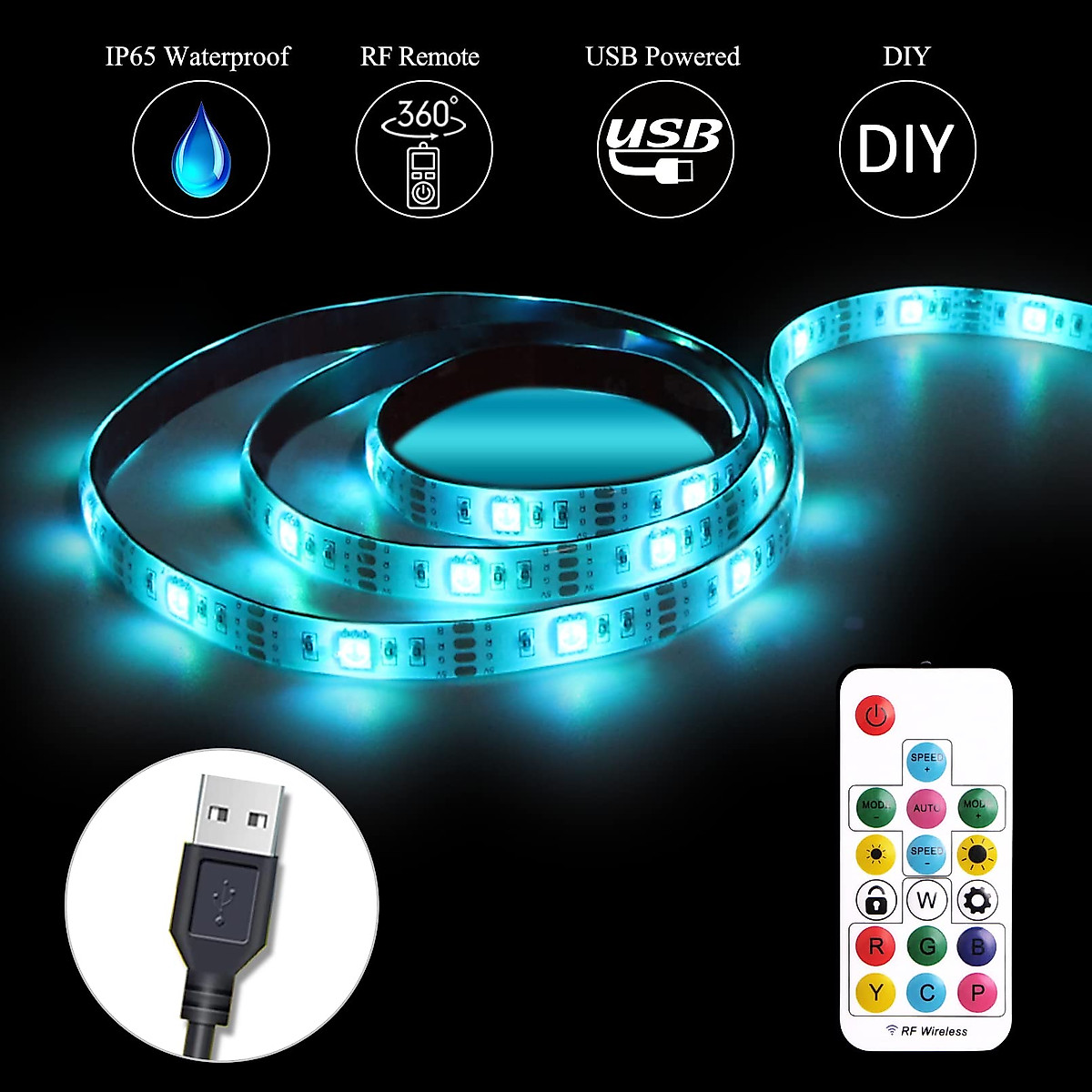 abtong USB Powered LED Strip Light TV Backlight 9.8FT/3M RGB Led Lights Waterproof USB Lights Strip with RF Remote TV/PC Background Bias Lighting Cuttable Strip Lights for Indoor DIY Decoration