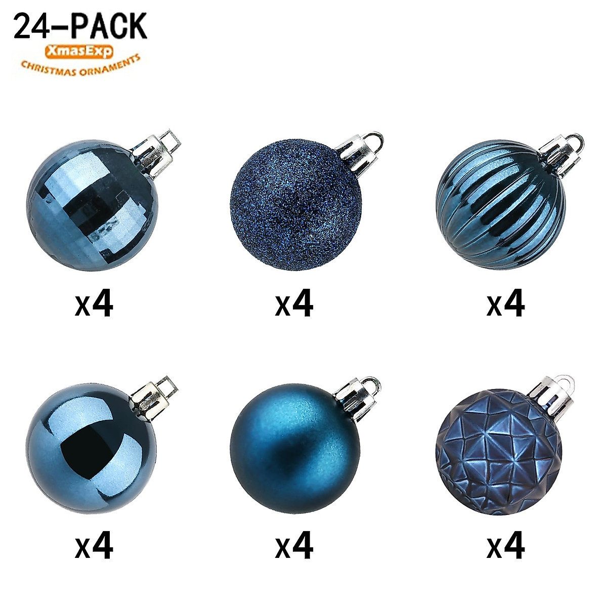 XmasExp 24ct Christmas Ball Ornaments Shatterproof Christmas Ornaments Set Decorations for Xmas Tree Balls 40mm/1.57"(1.57'', Diamond Blue)