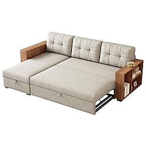 Acosure 84" Convertible L-Shape Pull Out Couch with Wooden Storage Chaise and Handrail,Sleeper Sectional Sofa Bed W/ 3 Movable Back Cushions,for Living Room,Office,Beige