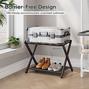 Smart FENDEE 2 Pack Luggage Rack, Folding Luggage Rack for Guest Room, Brown Bamboo Suitcase Stand Holds up to 131 lb, Luggage Stand with Storage Shelf for Hotel, Bedroom