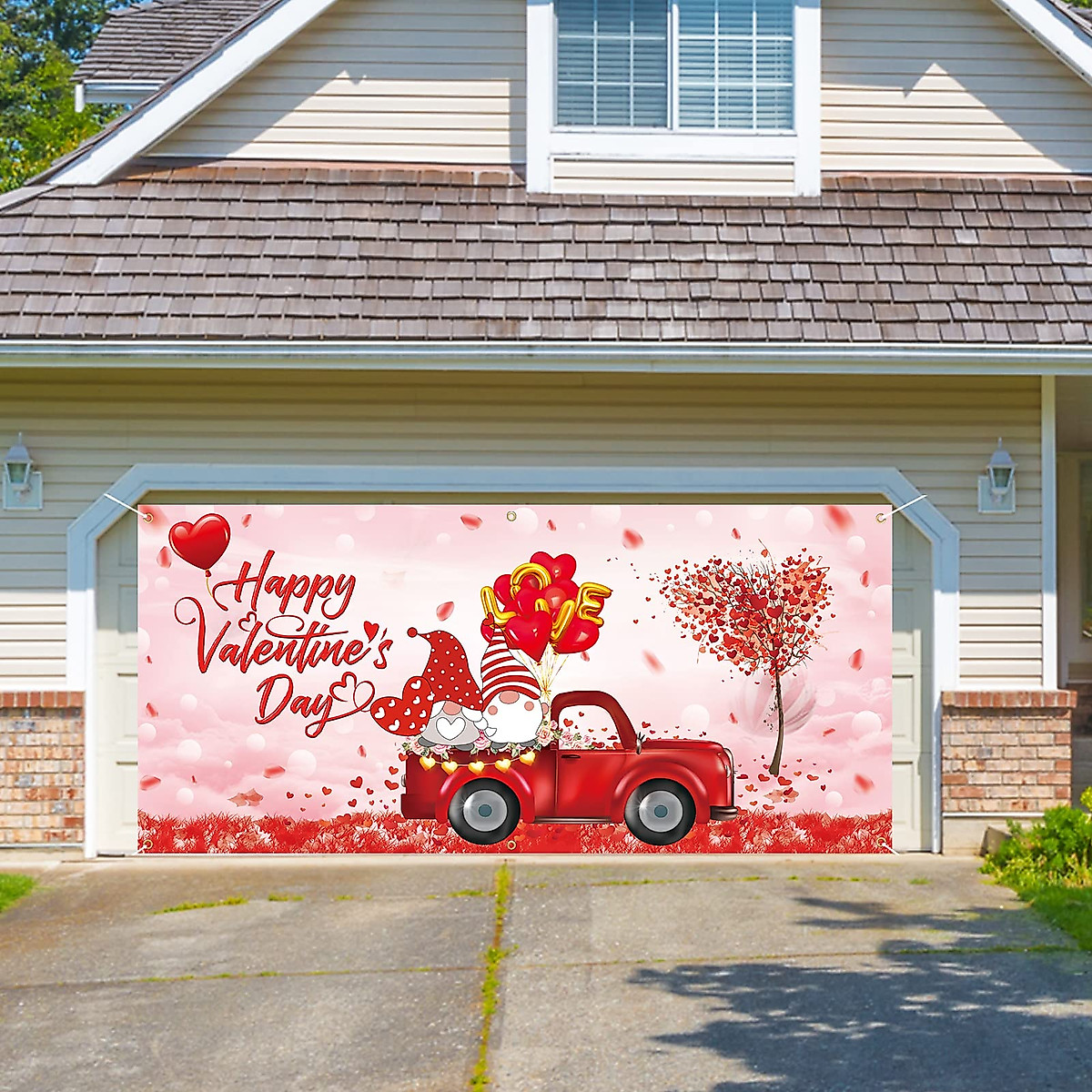 Vlipoeasn Happy Valentine Day Garage Door Cover 6x13ft Large Pink Sky Romantic Love Truck Gnome Valentine's Day Garage Door Banner for Couple Backdrop for Valentine's Day Party Supplies and Decor